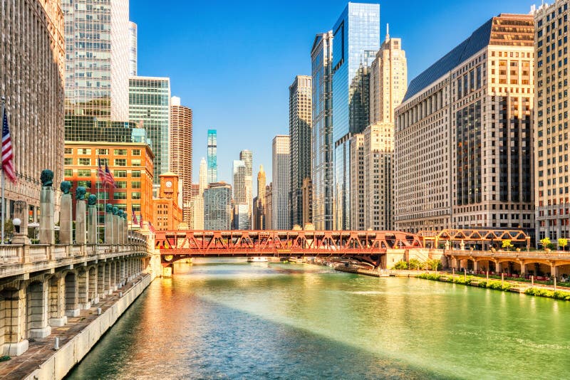 Chicago Downtown Cityscape with Chicago River at Sunrise Stock Photo ...