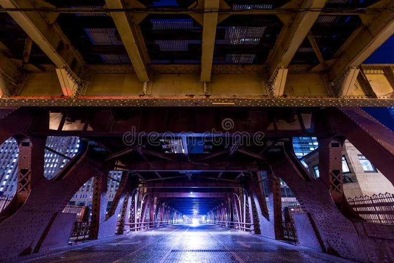 Chicago Downtown Railroad Bridge at Night Stock Image - Image of city ...