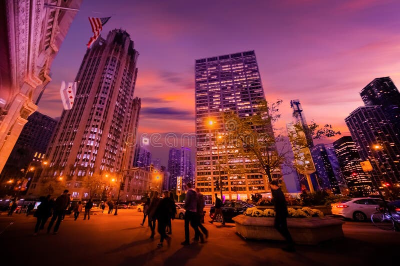 Chicago Downtown and Chicago River at Night, Stock Image - Image of ...