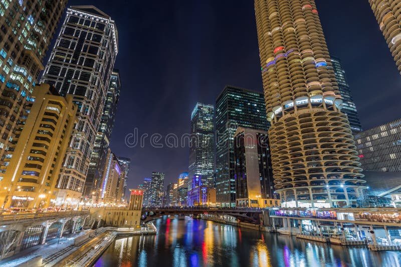 Chicago Downtown by the River at Night Stock Photo - Image of center ...