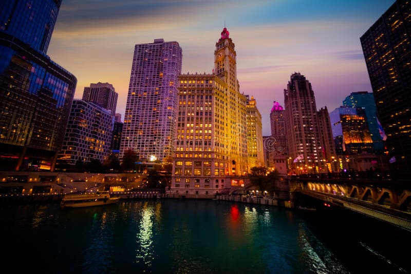 Chicago Downtown and Chicago River at Night, USA Editorial Image ...