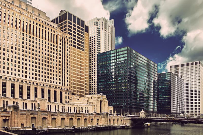 Chicago Downtown Riverfront, Office Buildings and River at Sunset Stock ...
