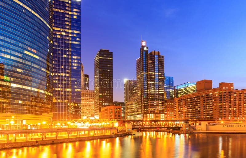 Chicago Downtown Riverside at Night. Stock Image - Image of structure ...