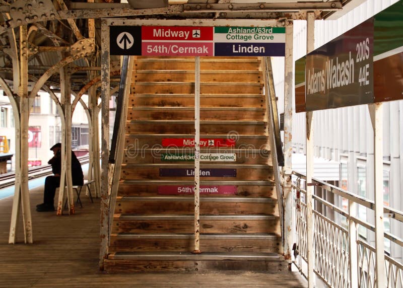 Commuter Sits on a Bench at Chicago S Elevated El Train Platform Near a ...