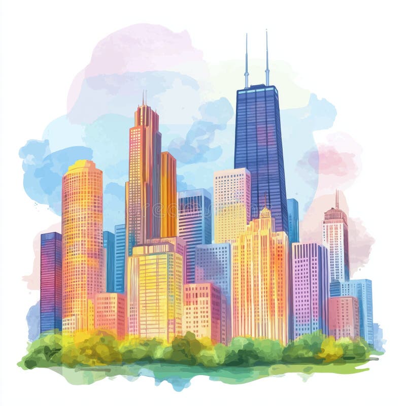Chicago. Chicago Hand Drawn Watercolor Illustration Stock Illustration ...