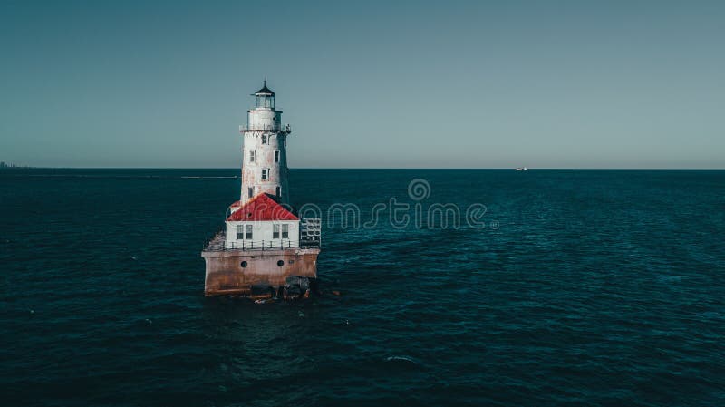 Chicago Harbor Lighthouse Isolated on the Chicago River Against a Blue ...