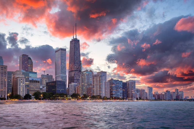 Chicago, Illinois, USA at Dramatic Stormy Sunset. Stock Photo - Image ...