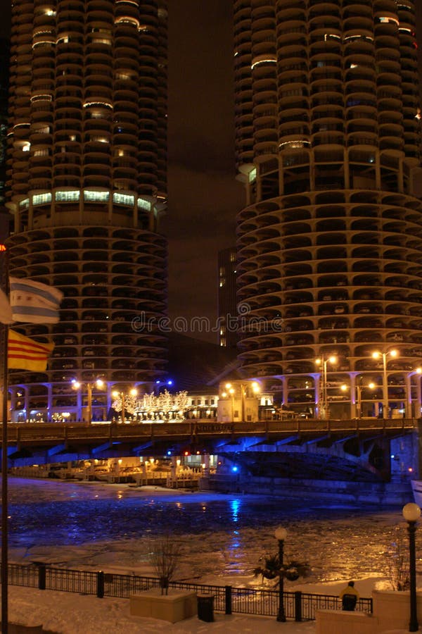 Chicago Marina Towers at Night Stock Photo - Image of bridge, street ...