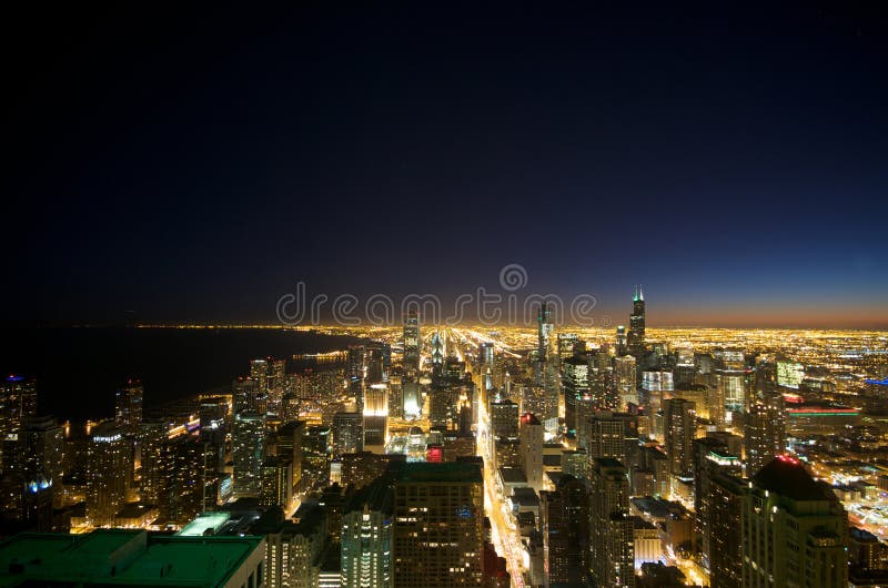 Chicago aerial night pano stock image. Image of tower - 2441559