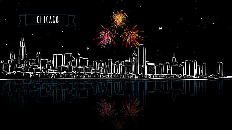 Chicago by Night with Firework Intro Animation Stock Footage - Video of ...