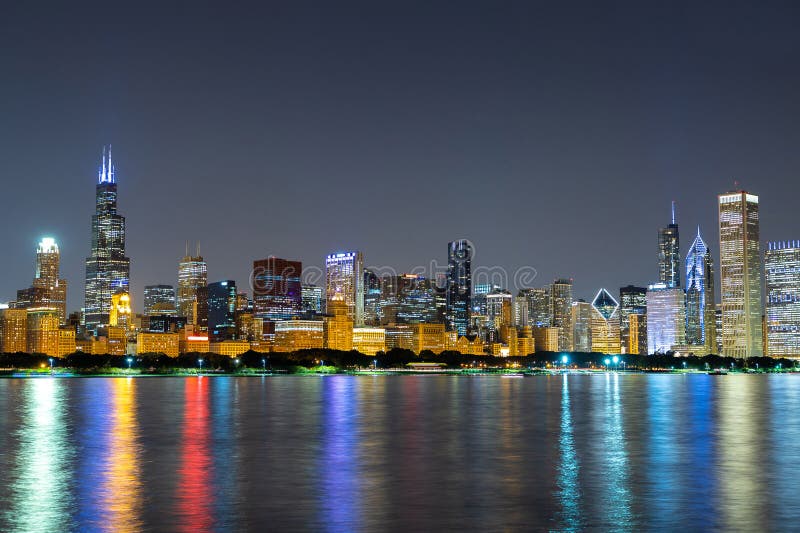 Chicago at night, Illinois stock image. Image of landscape - 354761603