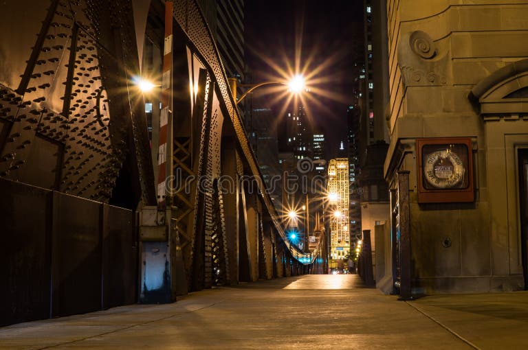 Chicago River Bridge at Night Editorial Photography - Image of building ...