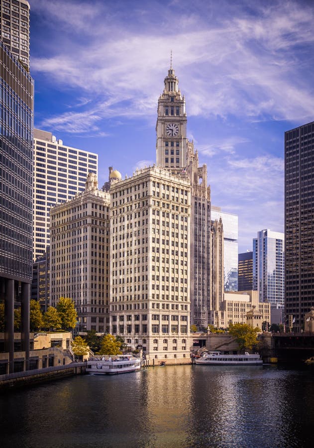 Chicago River stock photo. Image of cloud, yellow, clock - 63857988