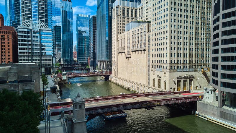 Chicago River Ship Canal with Multiple Bridges and Reflective Glass ...
