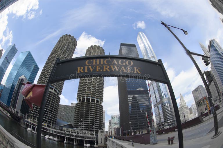 Chicago River Walk Sign in the Summertime Editorial Photography - Image ...