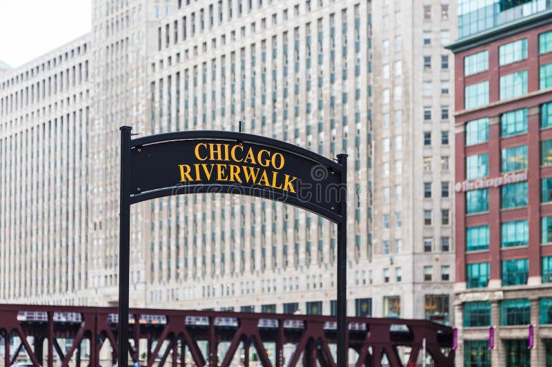 Chicago Riverwalk Sign stock photo. Image of high, glass - 22593466