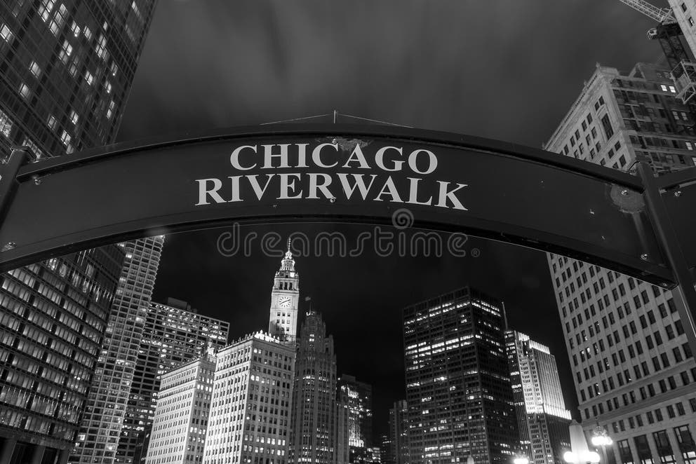 Chicago Riverwalk sign stock image. Image of sunset, sunrise - 56203715