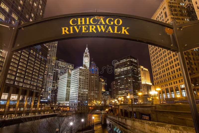 Chicago Riverwalk sign stock photo. Image of dusk, estate - 56204632