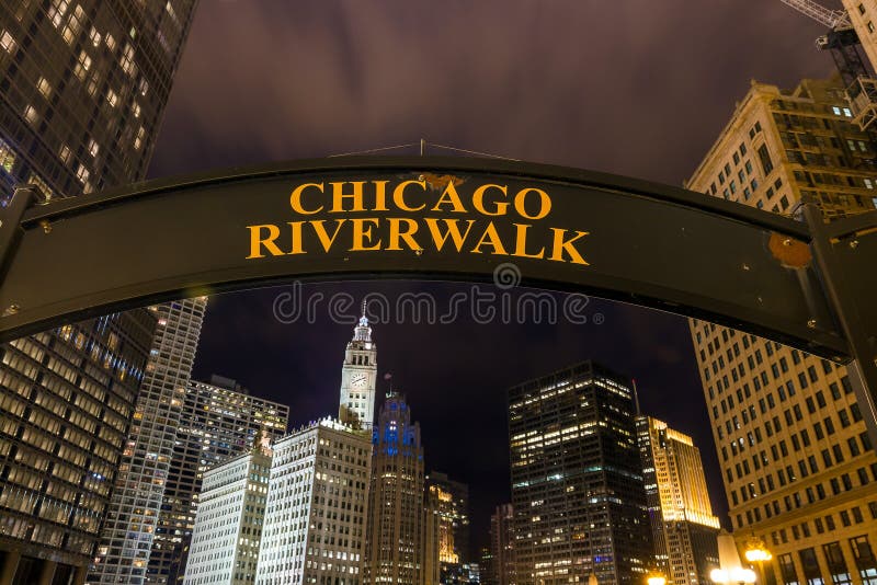 Chicago Riverwalk sign stock photo. Image of buildings - 56204922