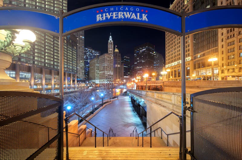 Chicago Riverwalk Sign at Twilight Stock Image - Image of walk ...