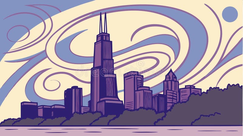 Chicago Skyline with Abstract Wind or Flow Pattern Representing the ...