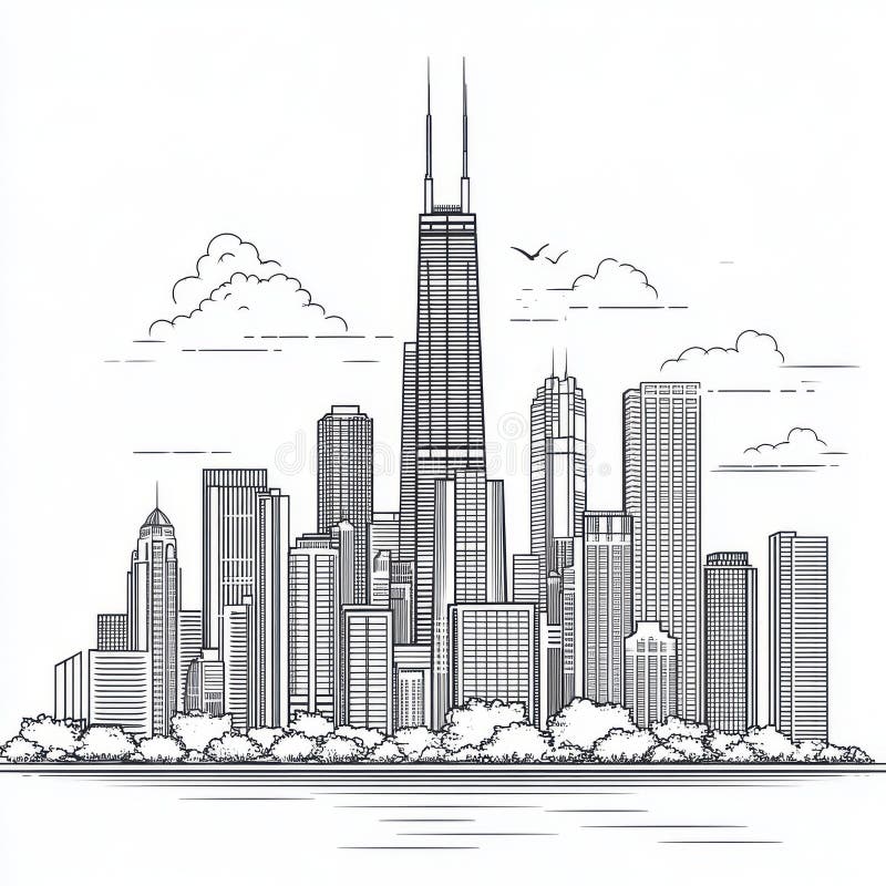 Chicago Skyline Black and White Cityscape Illustration Willis Tower ...