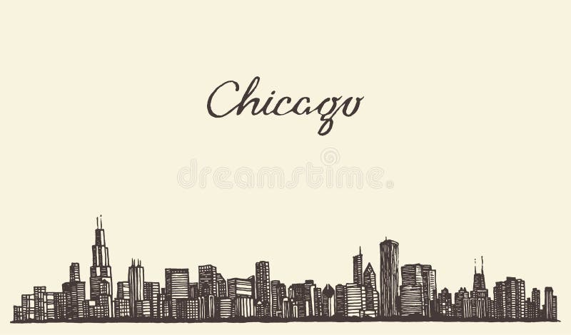 Chicago Outline Sketch with Michigan Lake in Foreground Stock Vector ...