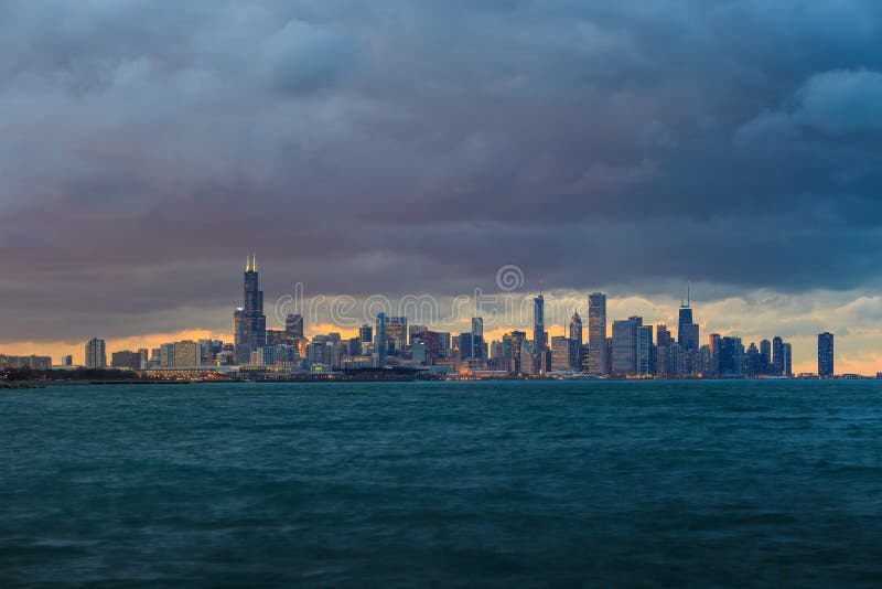 Chicago Skyline at dusk stock image. Image of michigan - 56202425