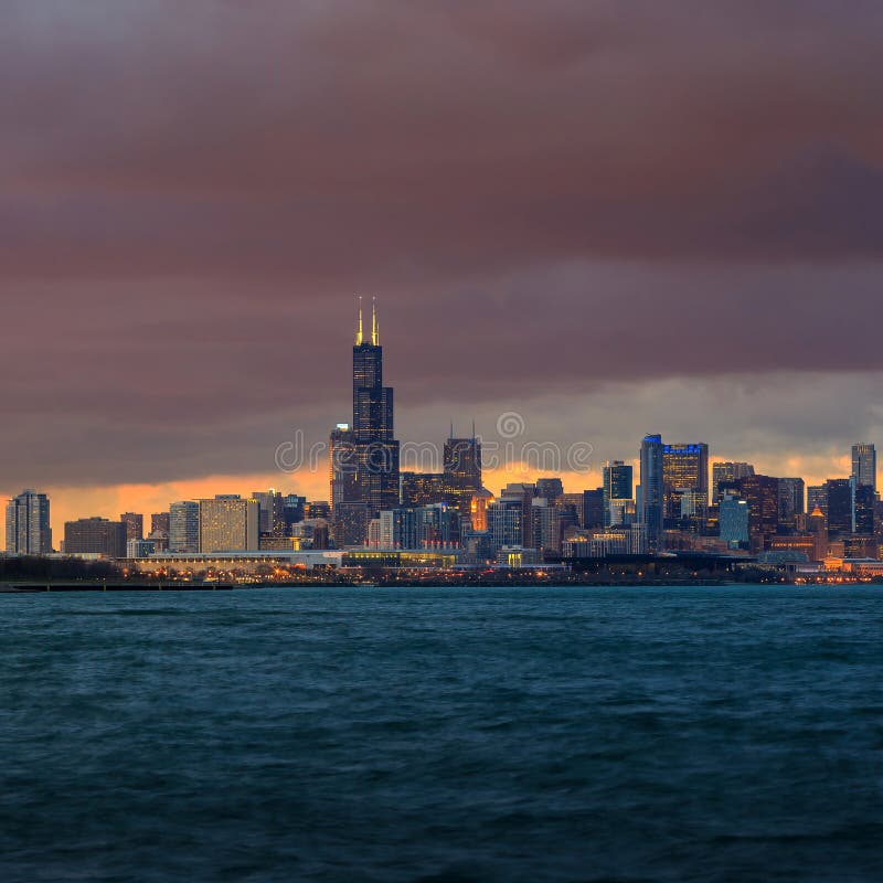 Chicago Skyline at dusk stock photo. Image of chicago - 56203572
