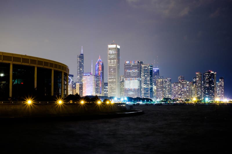 Chicago Skyline and Lake Michigan at Night Stock Image - Image of ...