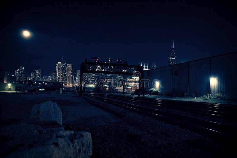Chicago Skyline at Night with Train Tracks Leading into the City Stock ...
