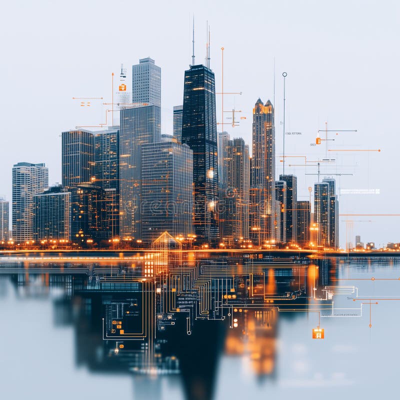 Chicago Skyline Reflecting on the Water with a Digitalization ...