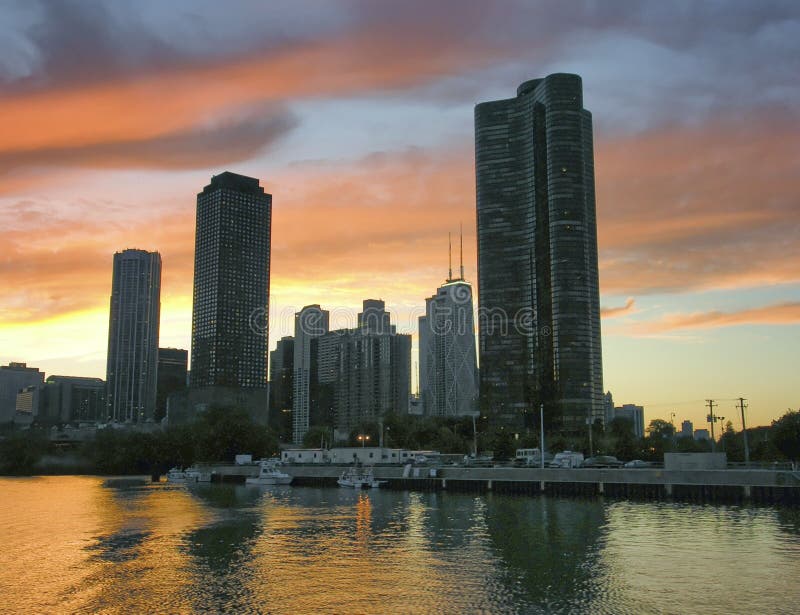 Chicago Skyline at Sunset, Illinois, USA Stock Image - Image of lake ...