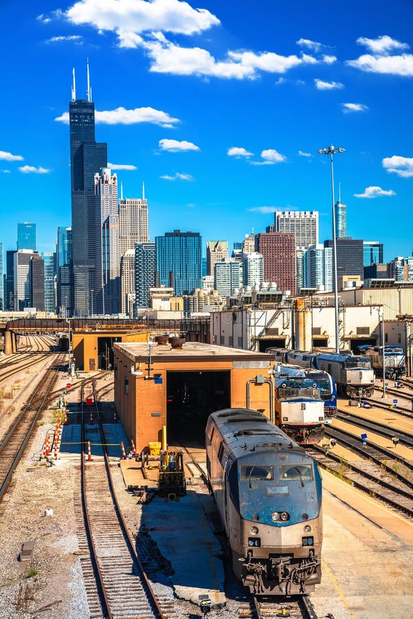 Chicago Skyline and Train Yard View Stock Image - Image of skyscraper ...