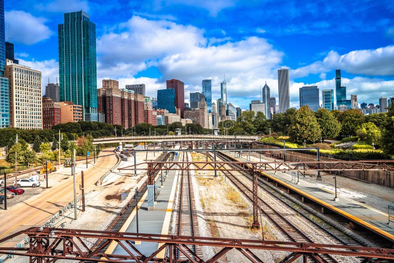 Chicago Skyline and Train Yard View Editorial Stock Photo - Image of ...