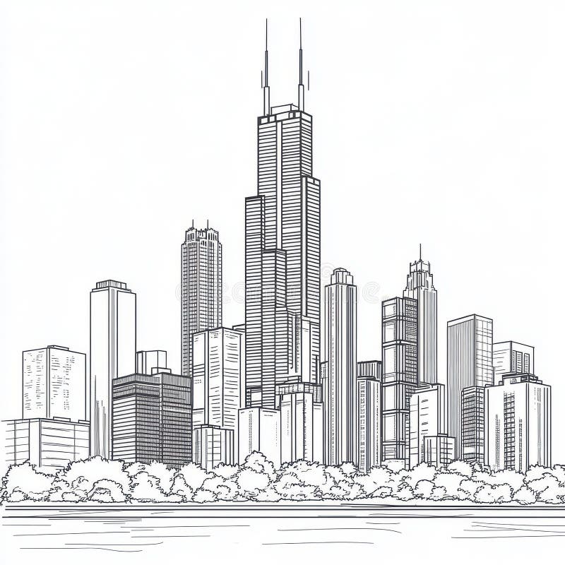 Chicago Skyline Willis Tower Cityscape Drawing Black White Stock ...