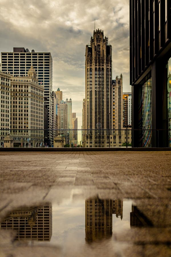Chicago Streets and Buildings with a Puddle of Water Stock Image ...