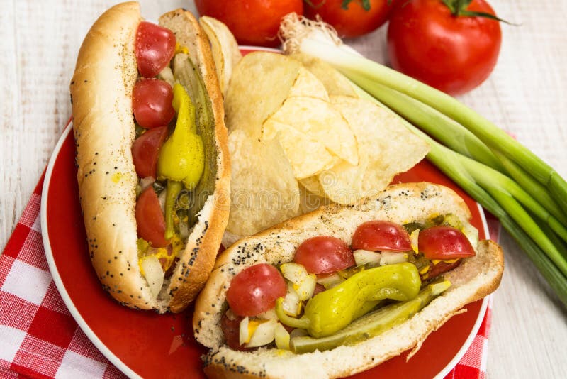 Chicago Style Hot Dogs with Potato Chips Stock Photo - Image of outside ...
