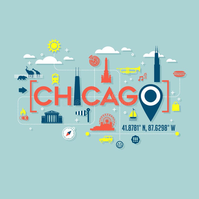 Chicago-ikoner Och Typografisk Design Vektor Illustrationer ...