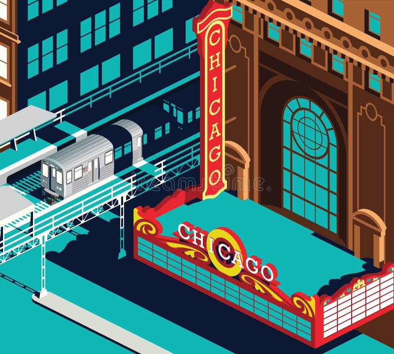 Chicago Theater and Metro Train Stock Illustration - Illustration of ...