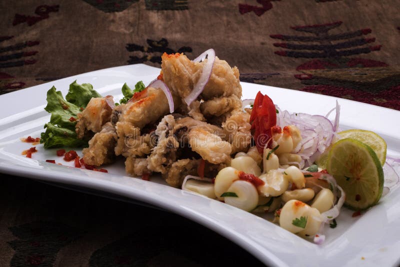 Chicharon Breaded Fried Fish and Corn, Aji with Symbol Dish of Peruvian ...