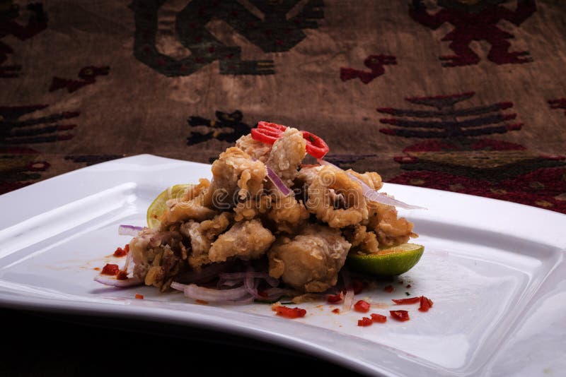 Chicharon Breaded Fried Fish, Aji with Symbol Dish of Peruvian Cuisine ...