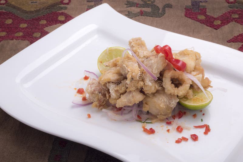 Chicharon Breaded Fried Fish and Corn, Aji with Symbol Dish of Peruvian ...