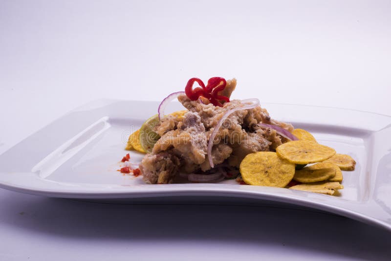 Chicharon Breaded Fried Fish and Corn, Aji with Symbol Dish of Peruvian ...