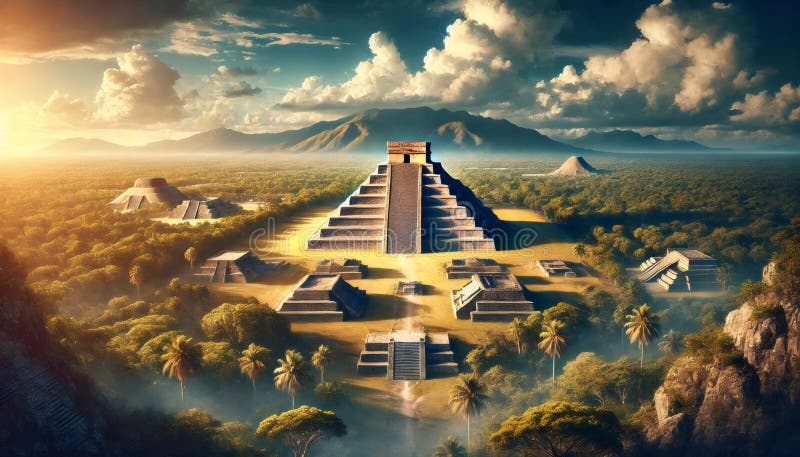 Chichen Itza Mayan Pyramid Illuminating Yucatan Jungle at Sunset with ...