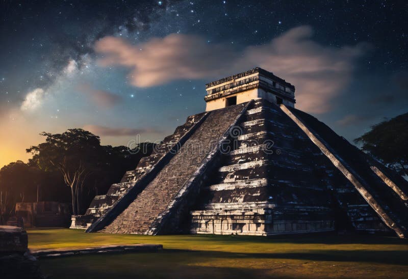 Chichen Itza Pyramid at Night Stock Illustration - Illustration of ...