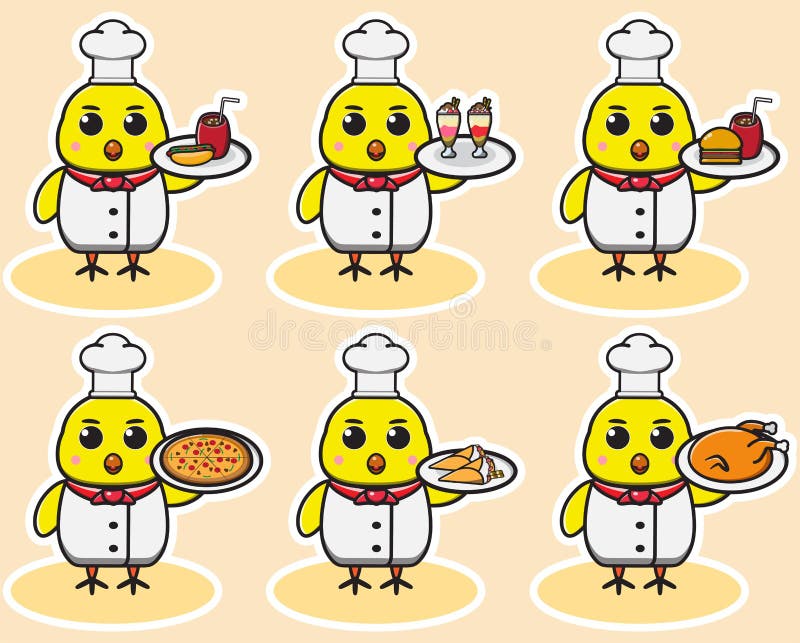 Vector Illustration of Cute Little Chicken Chef Cartoon with Food Set ...