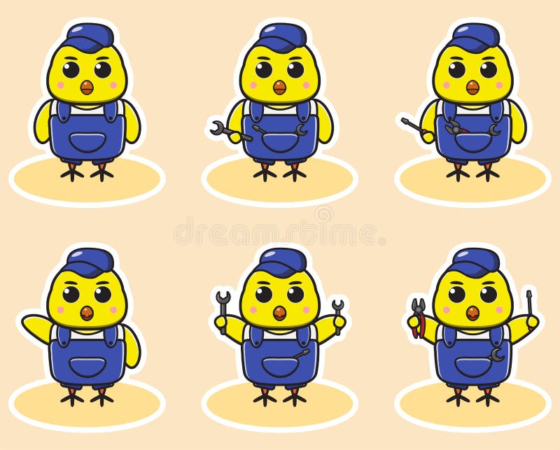 Cute Little Chicken Mechanic Cartoon Set. Stock Vector - Illustration ...