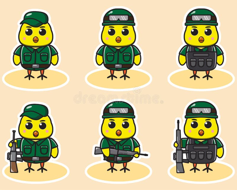Cute Little Chicken Soldier Cartoon Set. Stock Vector - Illustration of ...