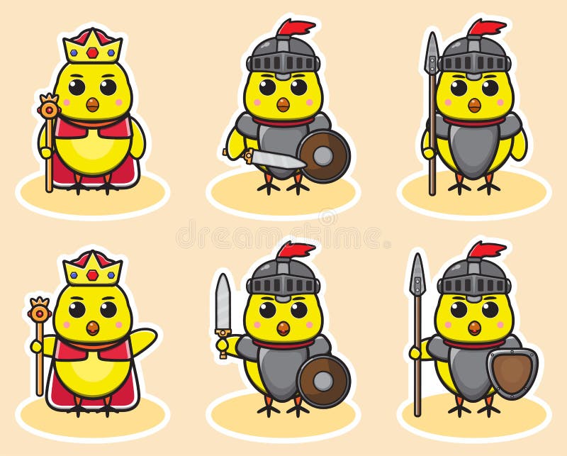 Vector Illustration of Cute Little Chicken King and Knight Cartoon Set ...
